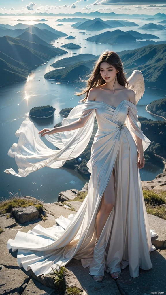 ((A serene summer scene with an ultra-high-definition, realistic angel ...