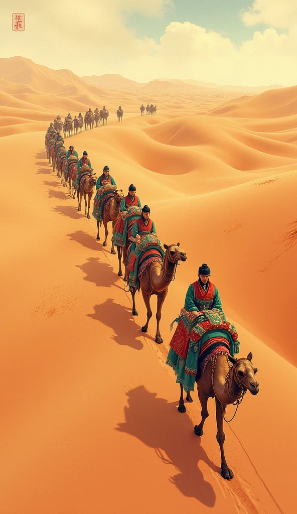 Dunhuang art style illustration, the camel caravan crossed the desert ...