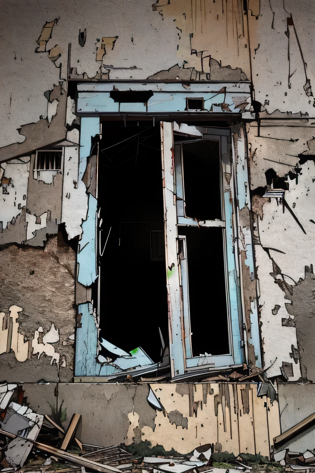 Arafed window in a building with a broken wall and debris - SeaArt AI