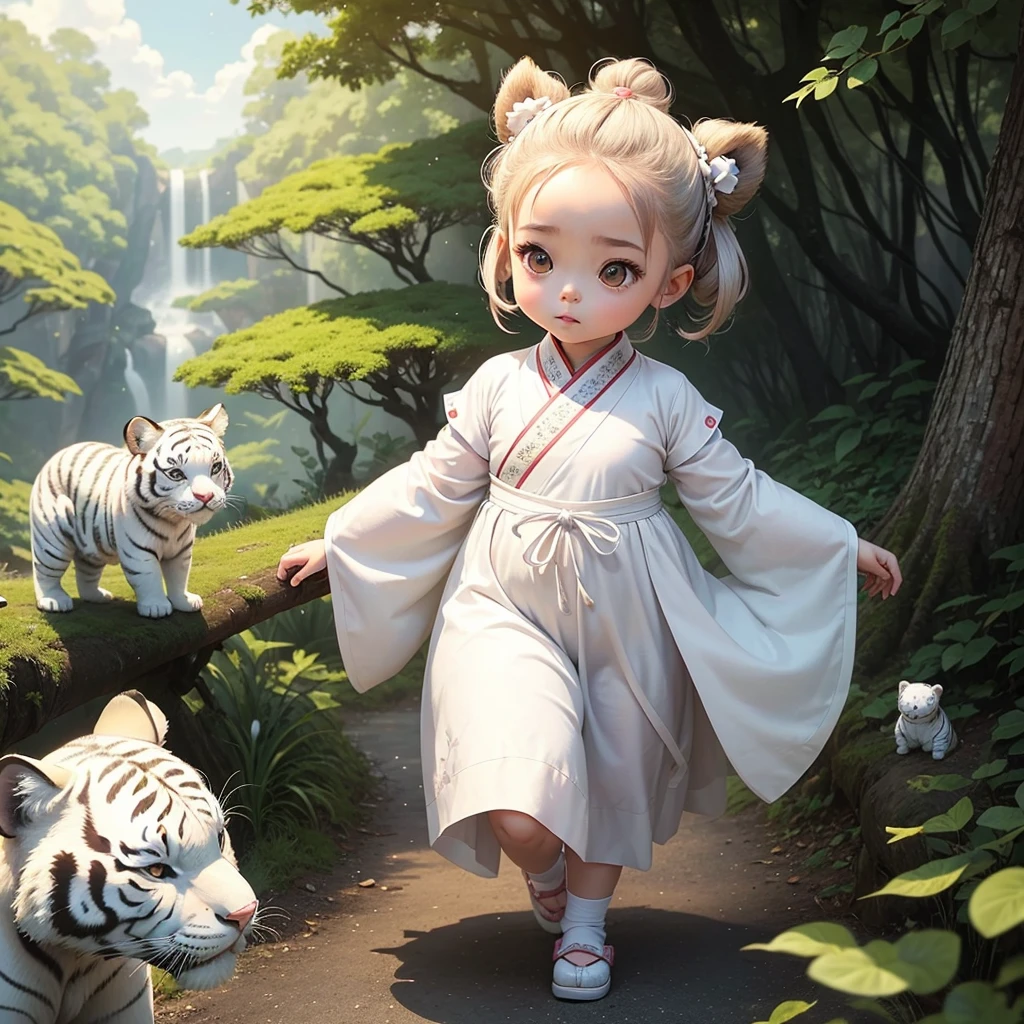 A chibi baby girl with two buns on her head and a white hanfu dress ...