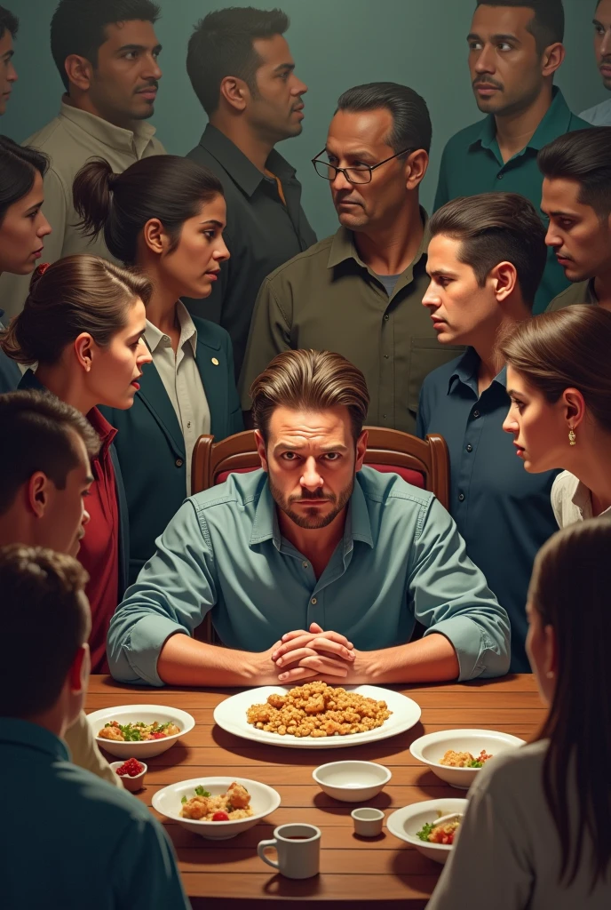 There is a man sitting at a table with a plate of food, andres rios ...