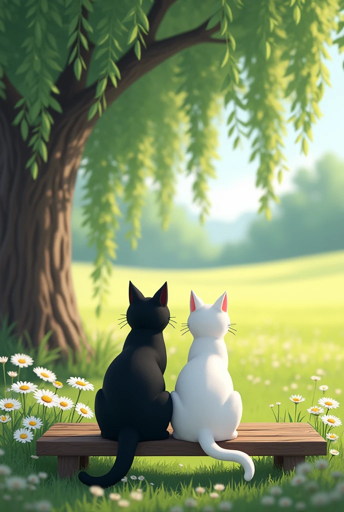 A landscape of two cats sitting on a bench, one black and one white ...