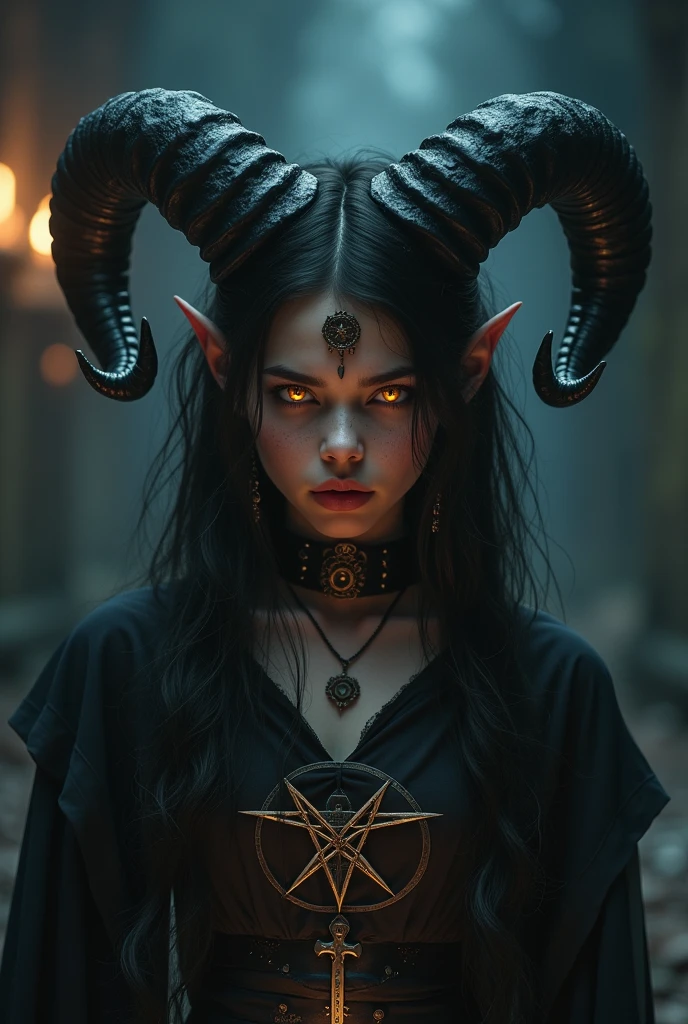 Girl, glowing eyes, horns, Pentagram, Baphomet, dark fantasy - SeaArt AI
