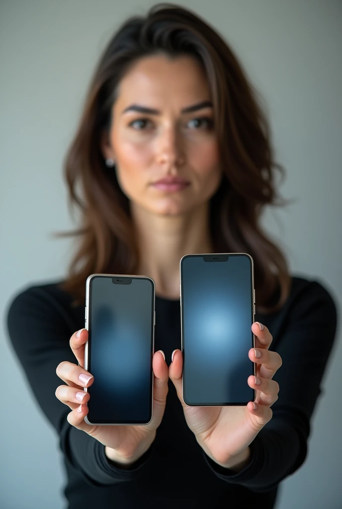Photo of a woman showing two phone screens - SeaArt AI