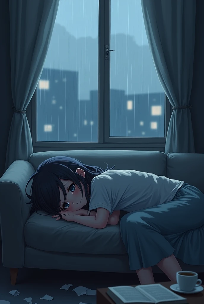 An anime girl is crying and sleeping on the sofa in her room - SeaArt AI