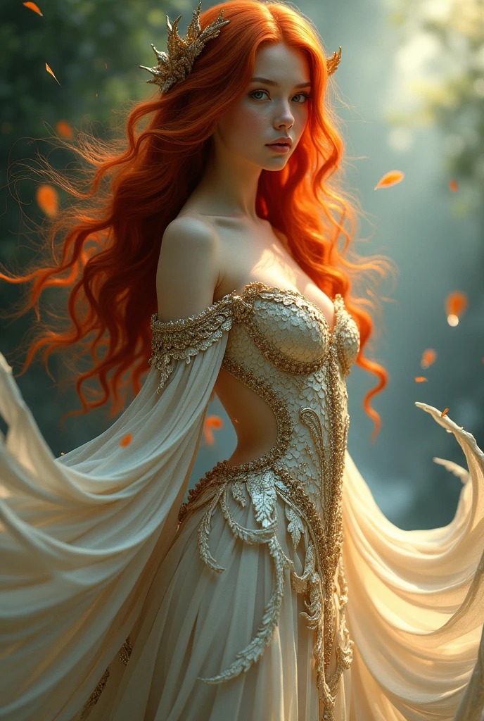 Redhead girl in long dress , inspired by dragons - SeaArt AI
