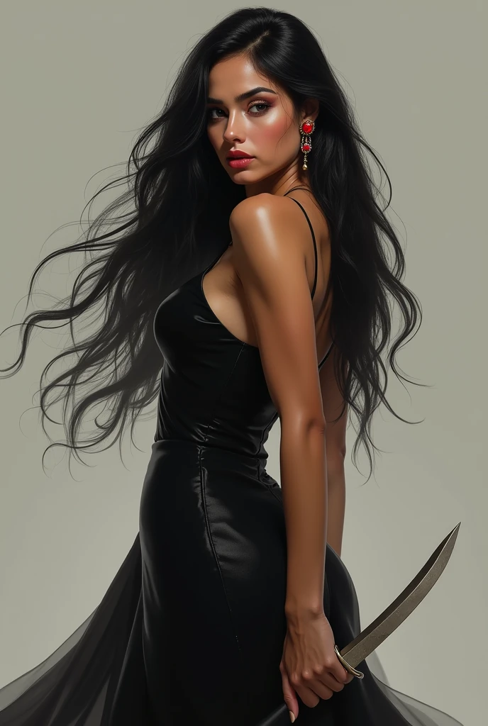 Young latin woman in elegant long black dress, ruby earrings - SeaArt AI