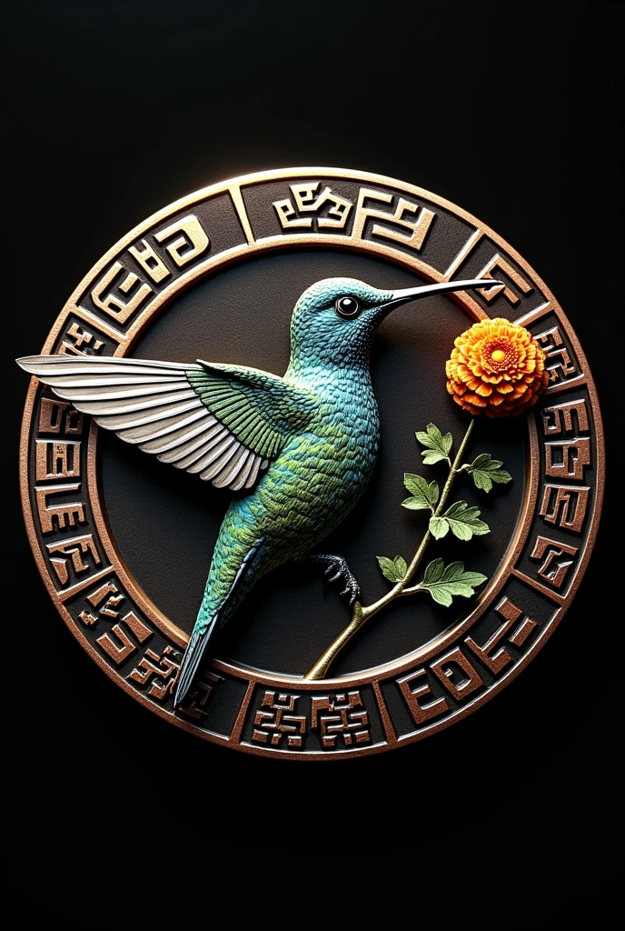 Round medal of a Mictlan hummingbird with Aztec culture motifs and a ...