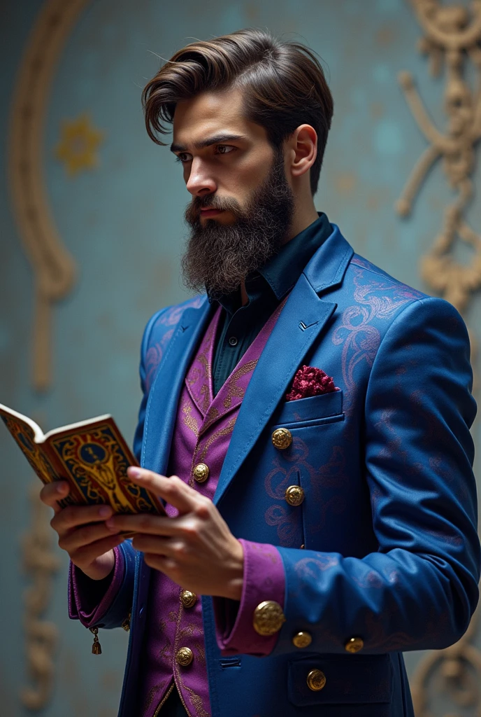 Young bearded tarot reader man, stopped, Looking forward, holding a ...