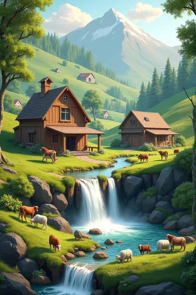 Farm with waterfall - SeaArt AI