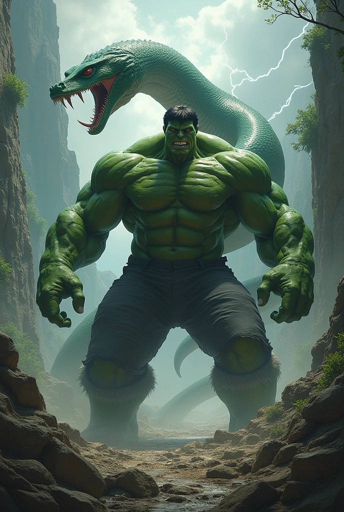 Hulk fighting a giant snake - SeaArt AI