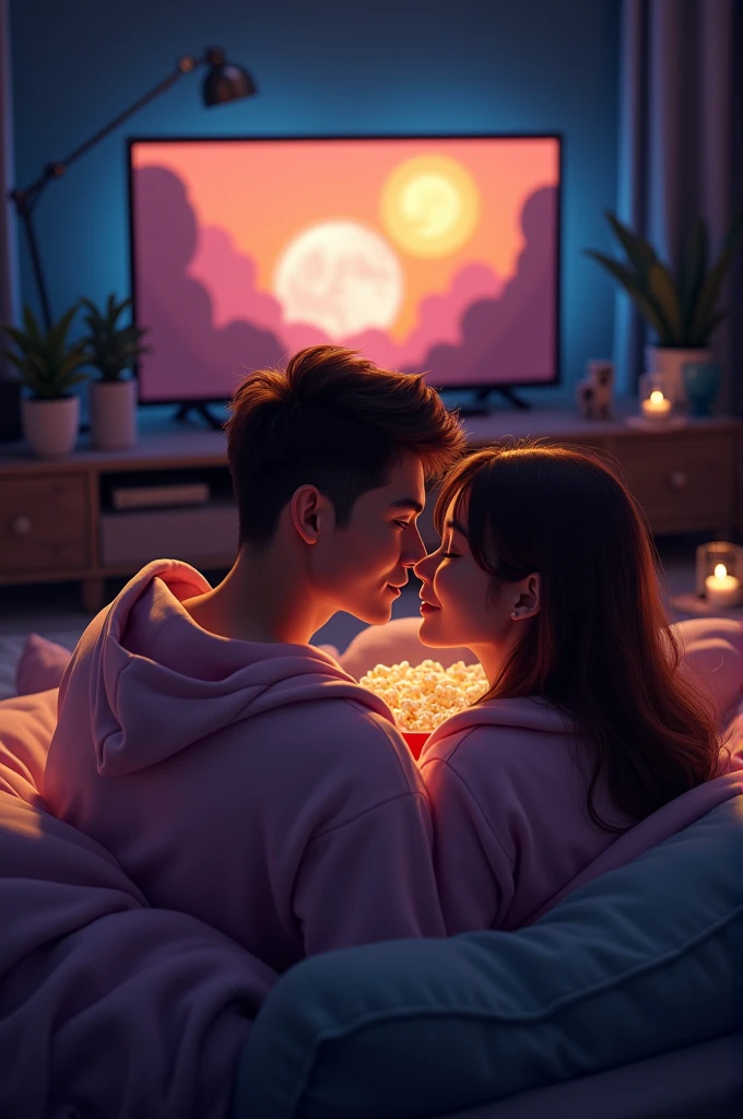 Image of a couple in love watching movies at a sleepover - SeaArt AI