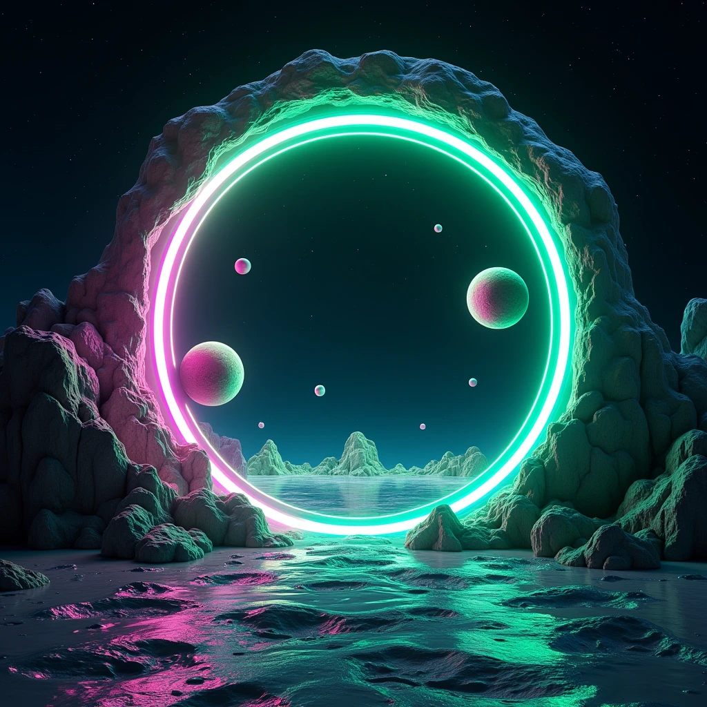 Round frame centered, Outer space, planets passing through the portal ...