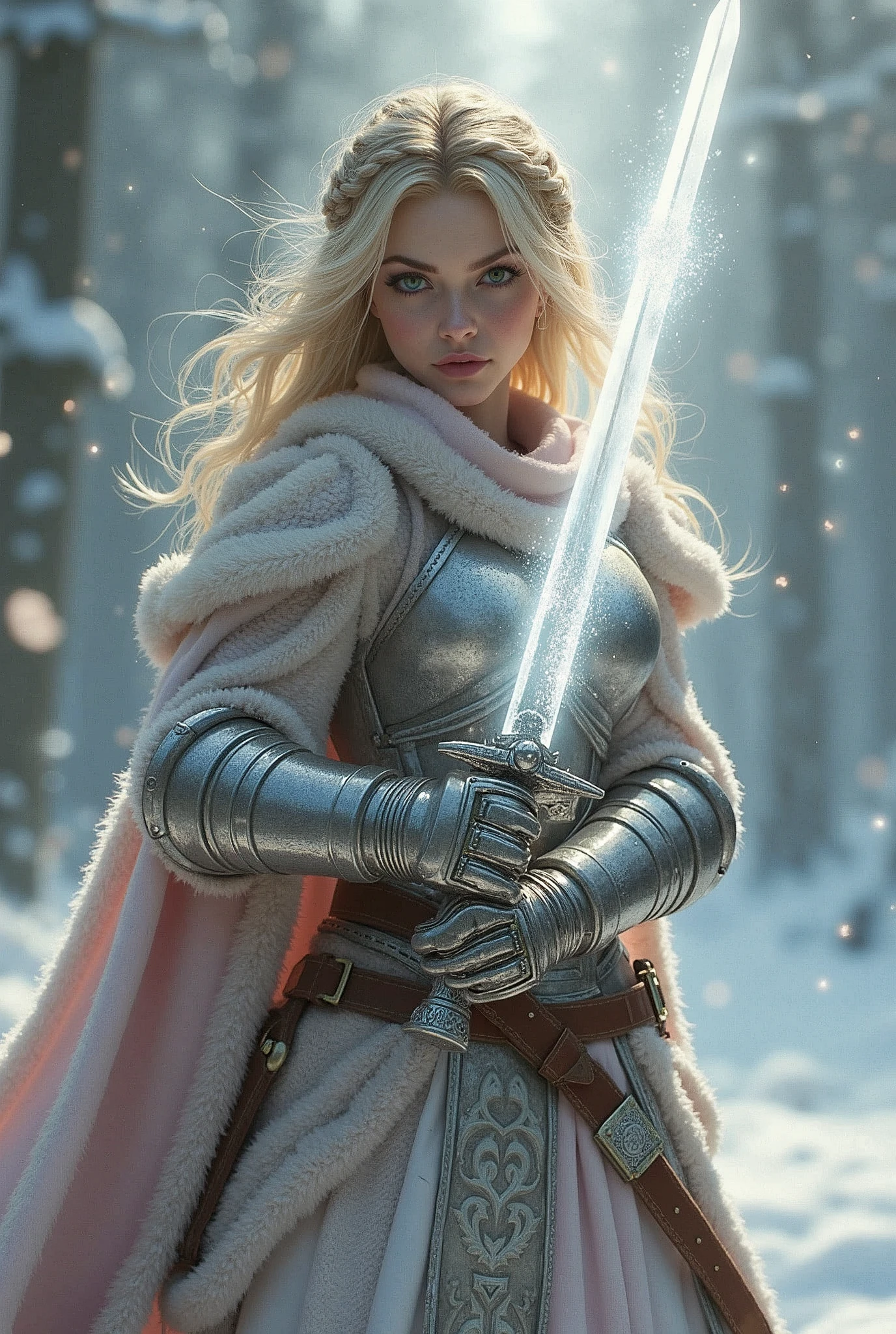 Blond woman in a pink dress holding a sword in a snowy forest - SeaArt AI