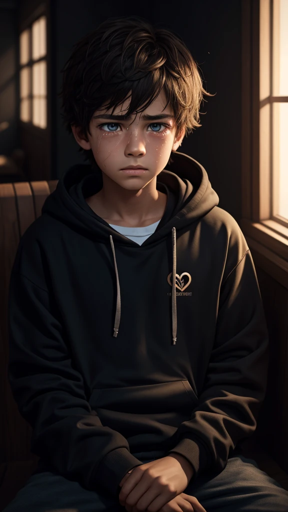 A heart broken boy, 1boy, sad expression, tears in eyes, messy hair ...