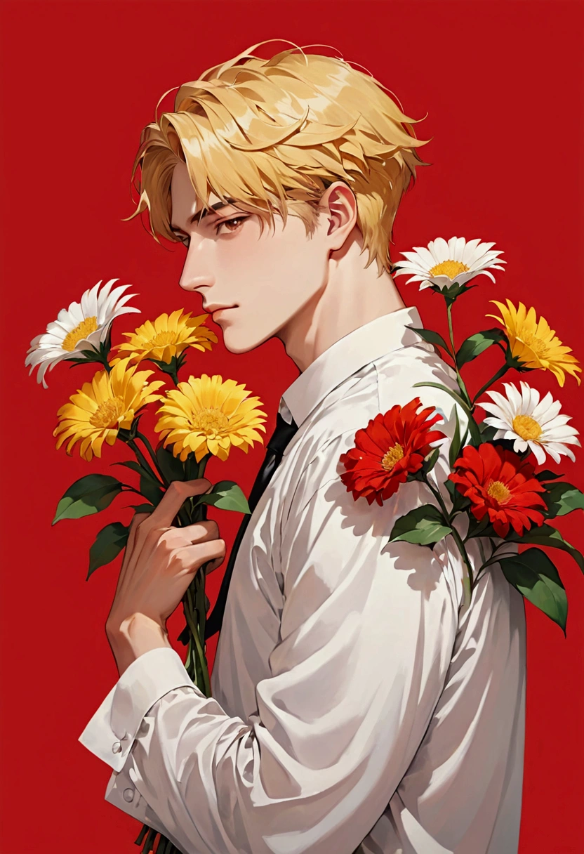 Young man holding flowers on his shoulder on red background, 1 boy ...