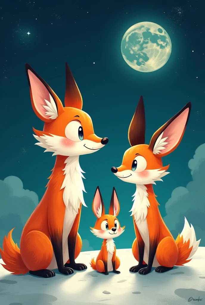 A fox and a rabbit standing, with a half fox half rabbit son on the ...