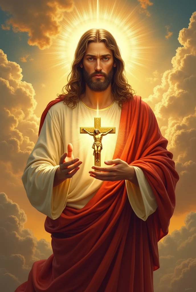 Wonderful Jesus Christ holding a golden crucifix with a splendid sky in ...