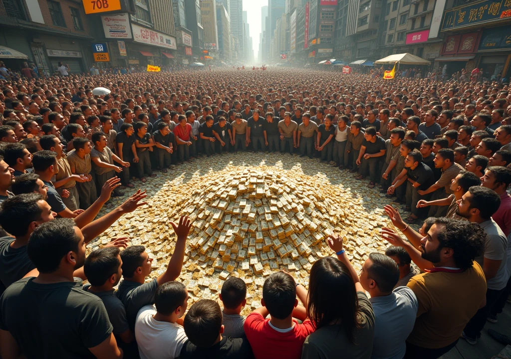 There is a large crowd of people around a pile of money - SeaArt AI