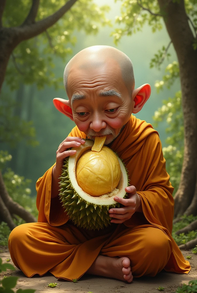 VeryLittle Monk Eating Musang King Durian - SeaArt AI