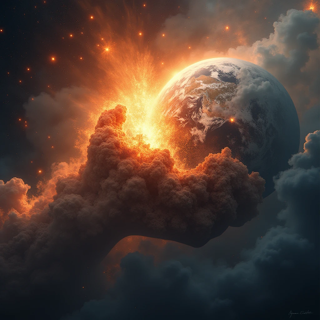 Gigantic GOD's fist, punch from space to the earth, crush the earth ...