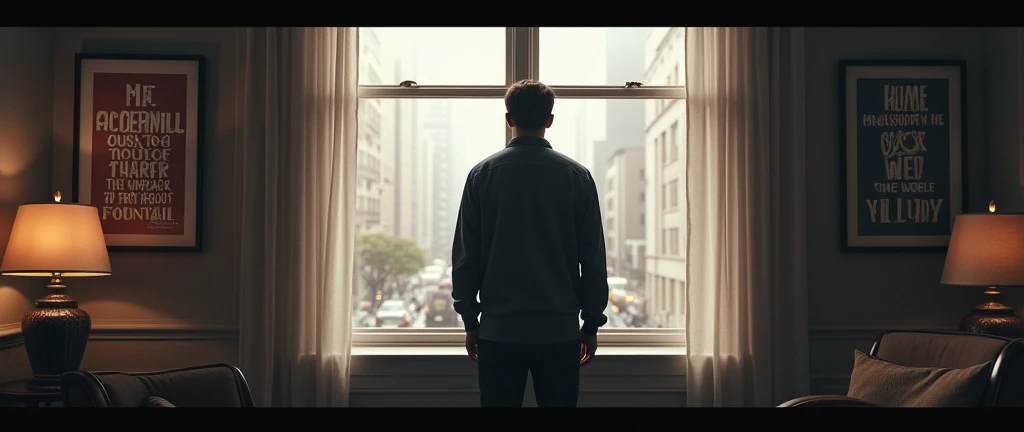 "A person looking out a window with a determined expression, with a ...