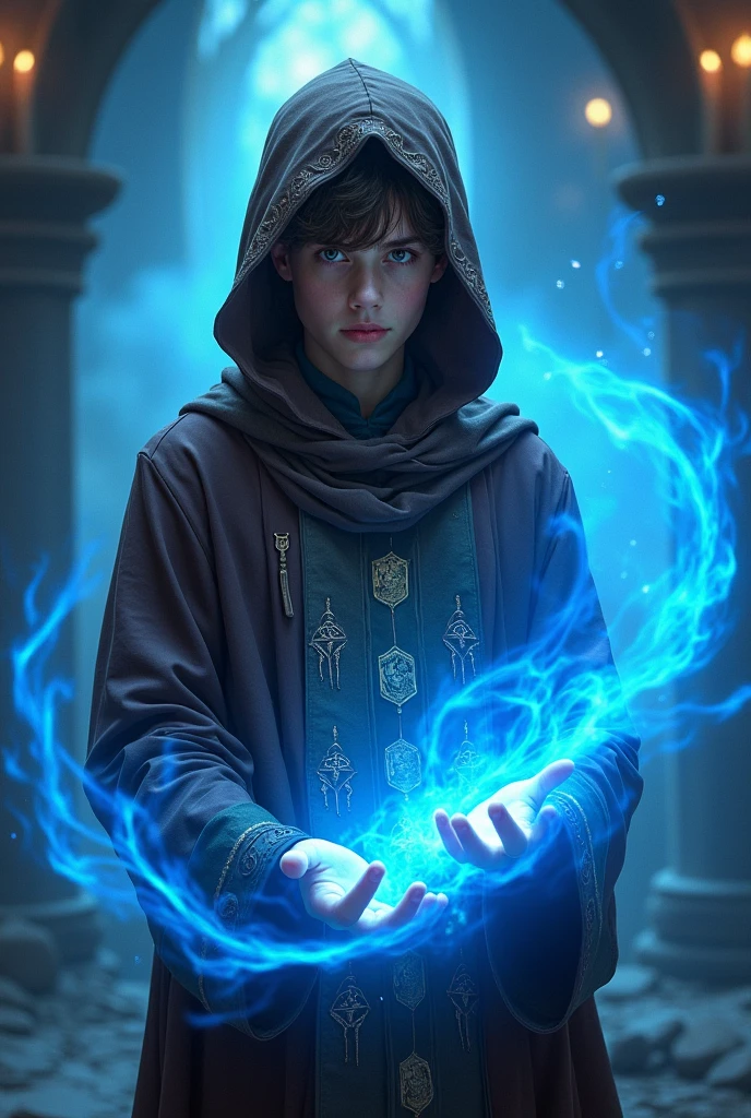 Magician, brown RPG, no hood with youthful face blue magic, - SeaArt AI