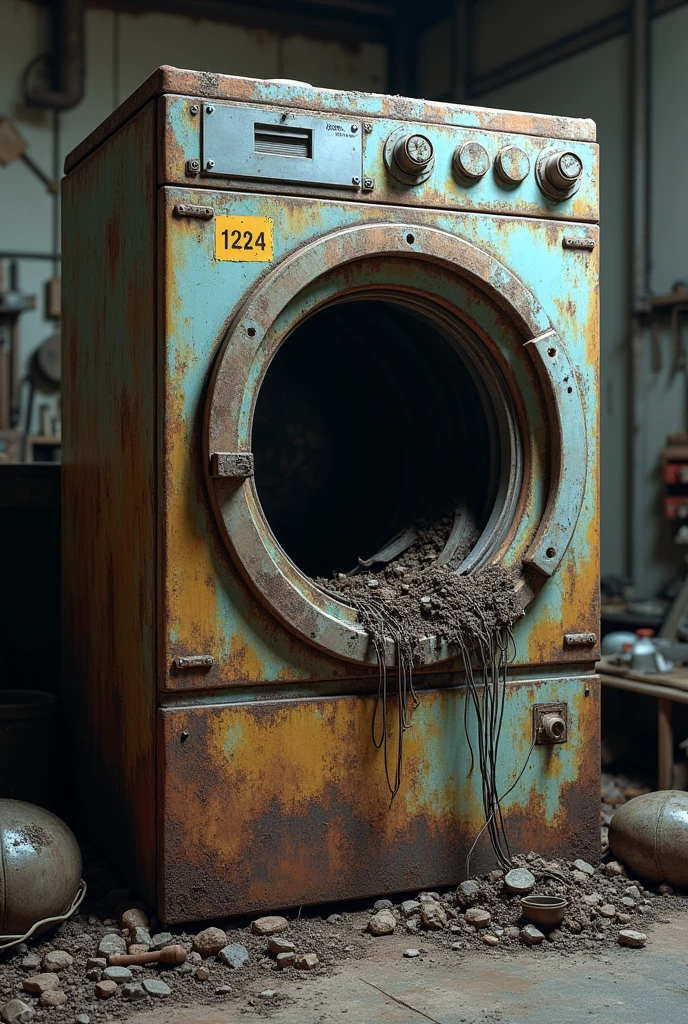 CREATE AN IMAGE OF AN INDUSTRIAL WASHER THAT IS DAMAGED OXIDIZED ...