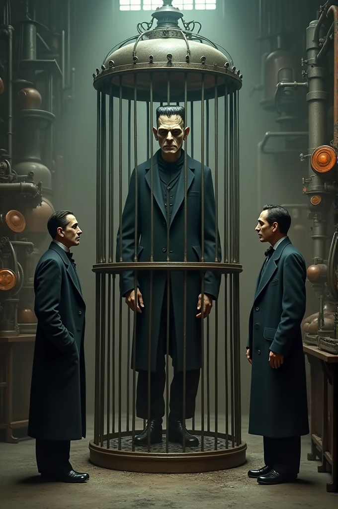 Make an image of Frankenstein in a cage ,and outside is Nikola Tesla ...