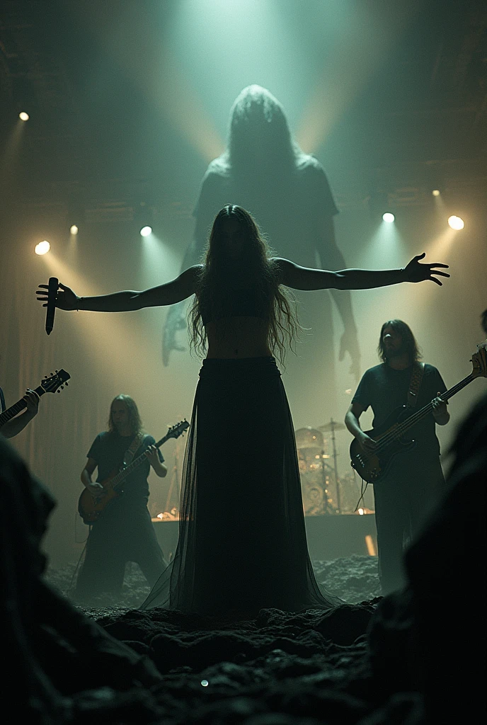 Horror、A band playing with an unseen monster behind them、live - SeaArt AI