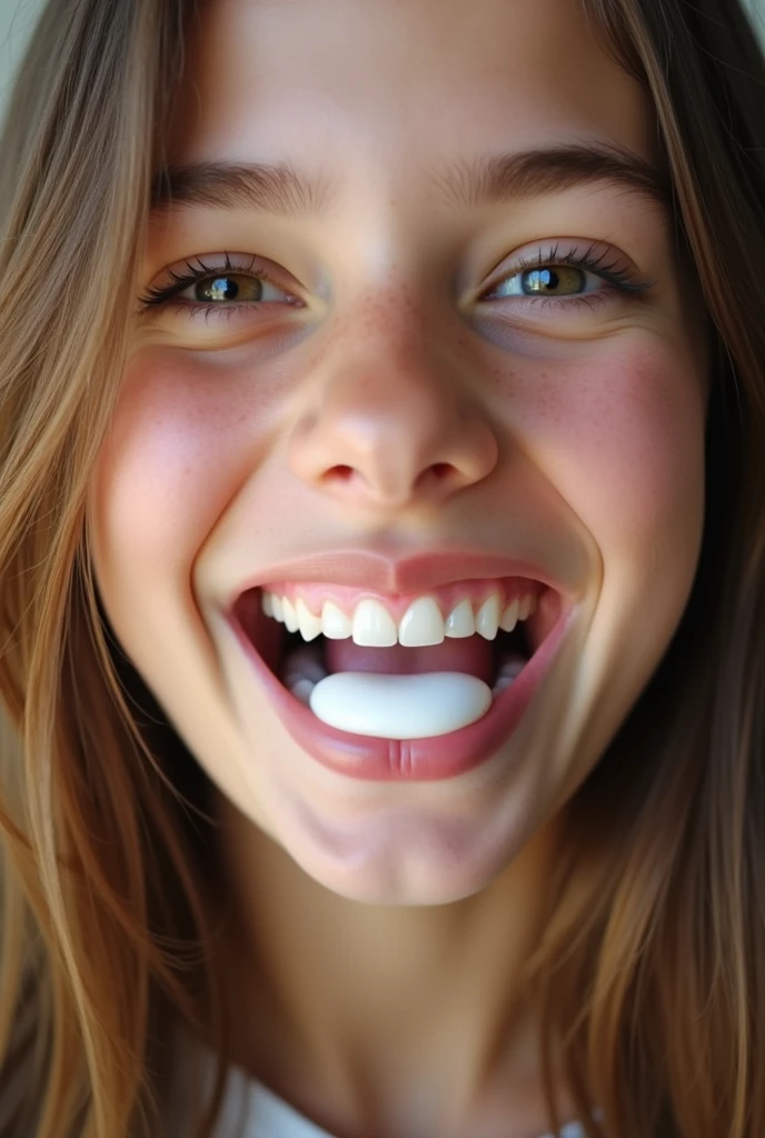 Closeup of a female teen’s face, mouth very wide open and smiling - SeaArt AI