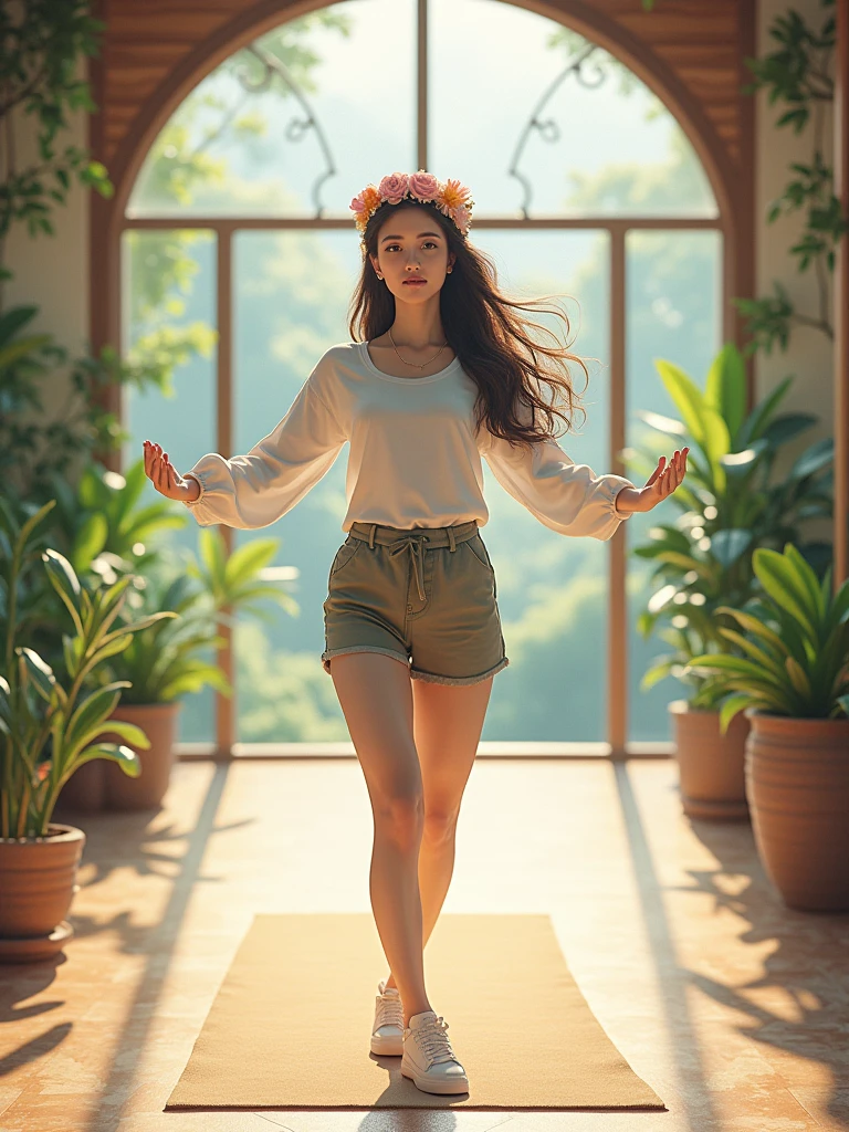 A pretty girl, 1 girl, doing exercises, in an exercise room, wearing ...