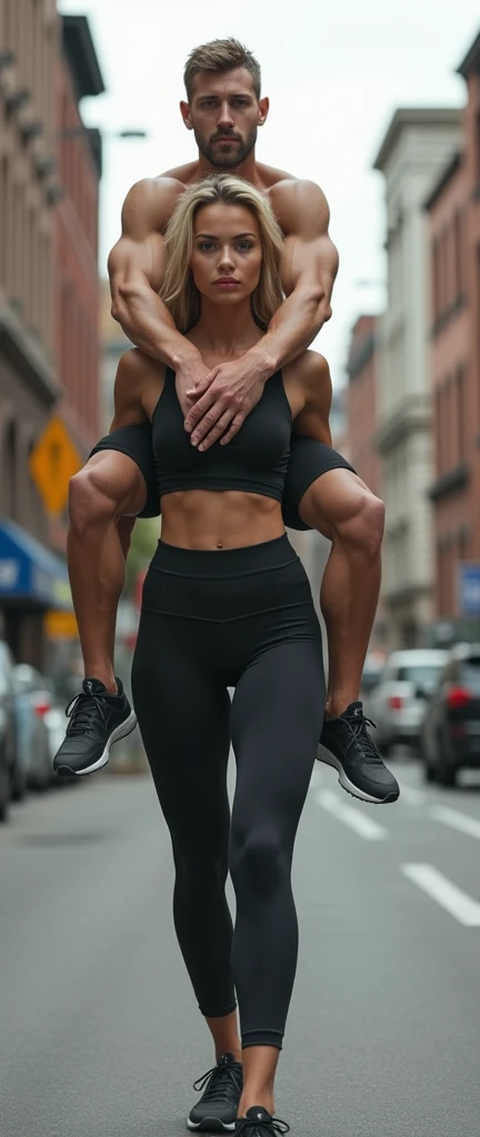 Woman in gym attire standing confidently in the street. She carries a ...
