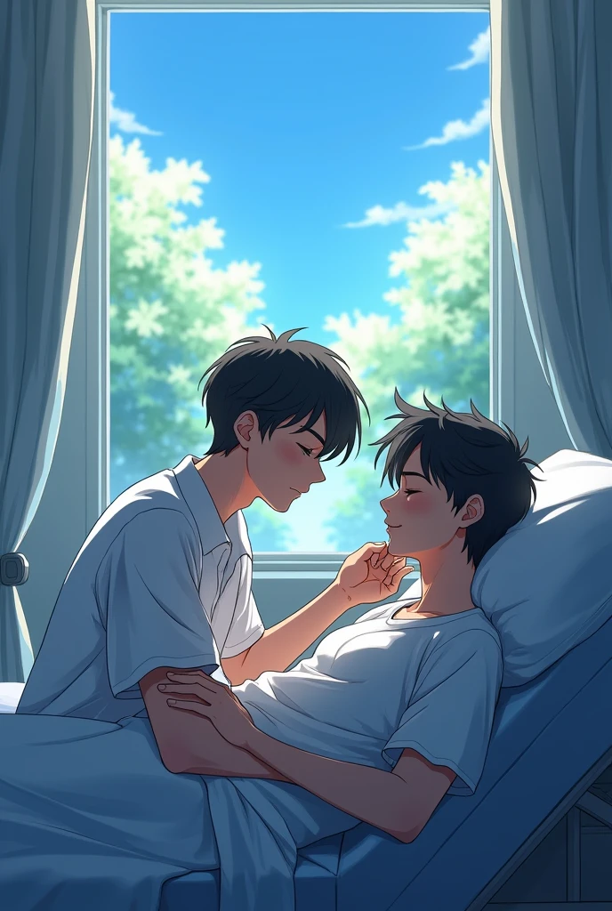 Cain sitting beside Arthur's hospital bed, holding his hand while ...