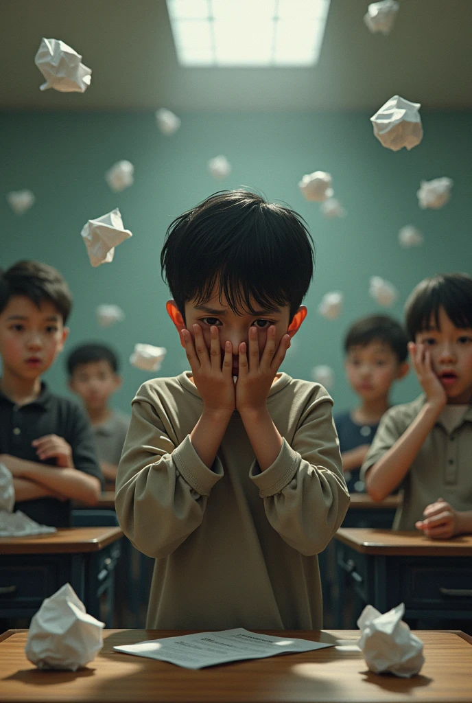 Boy in classroom where they are throwing paper balls at him and he ...