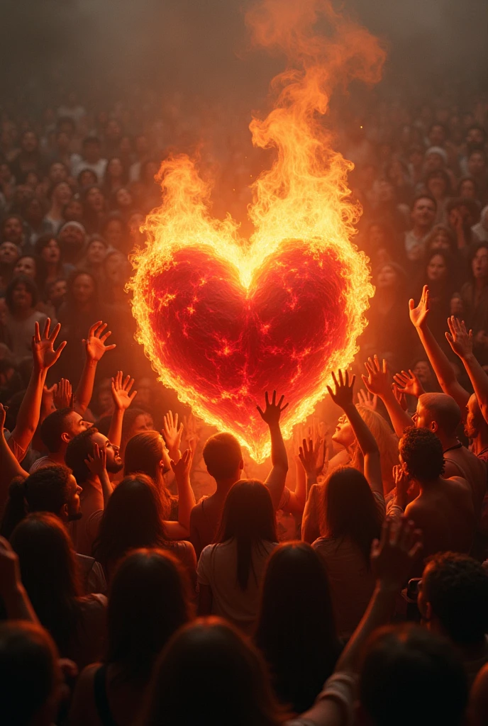 A real heart burning in fire amidst a group of people clamoring to God ...