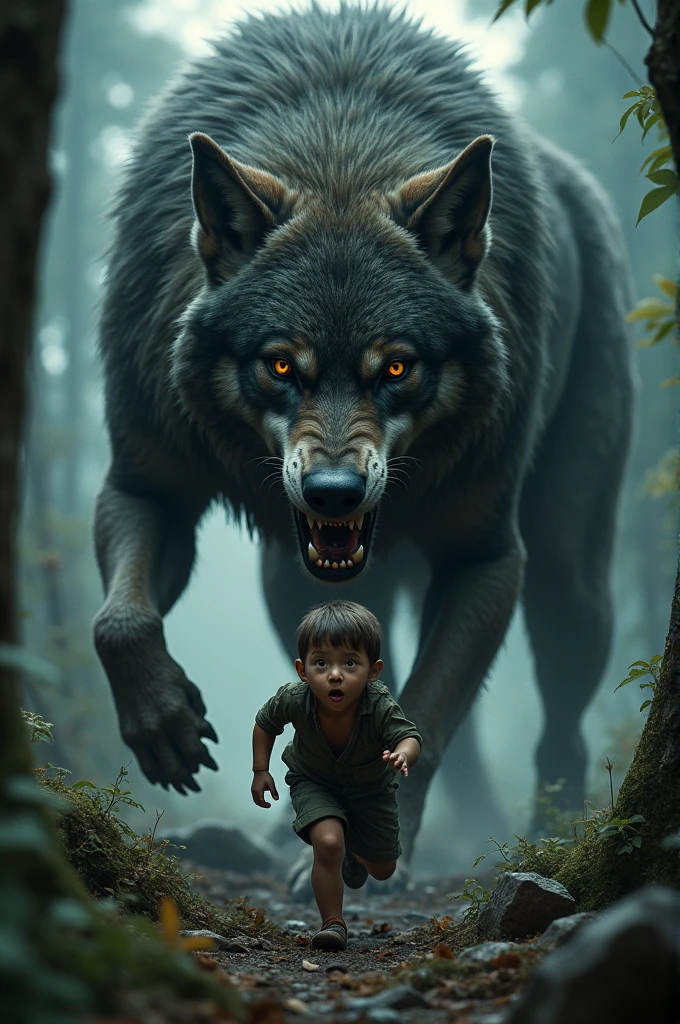 Wolf attack on young boy - SeaArt AI