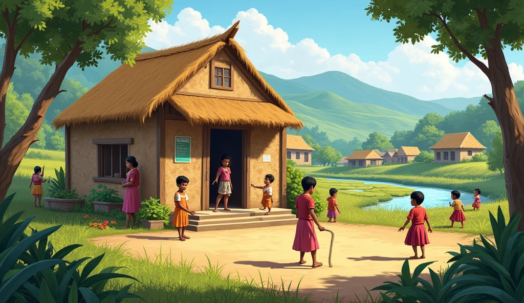 "A picturesque rural village scene with small mud houses, lush green ...