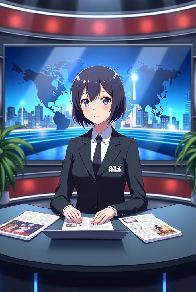 Create a image of A 35 years anime news anchor Sitting in front of news ...