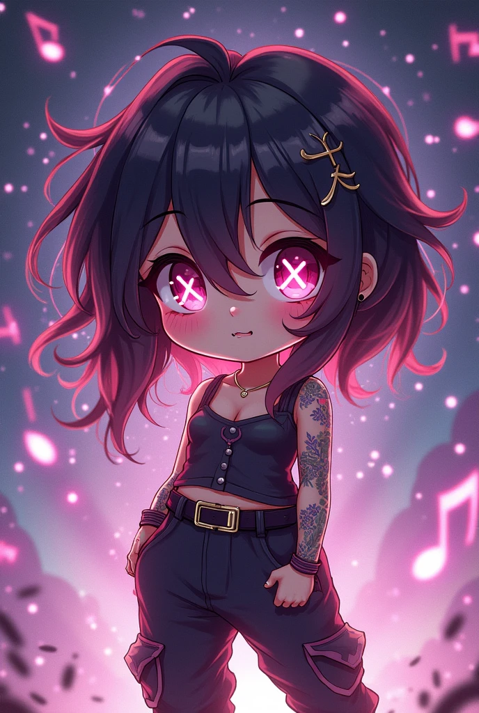 Chibi, cute anime character girl, messy wavy hair, cross-shaped pupils ...
