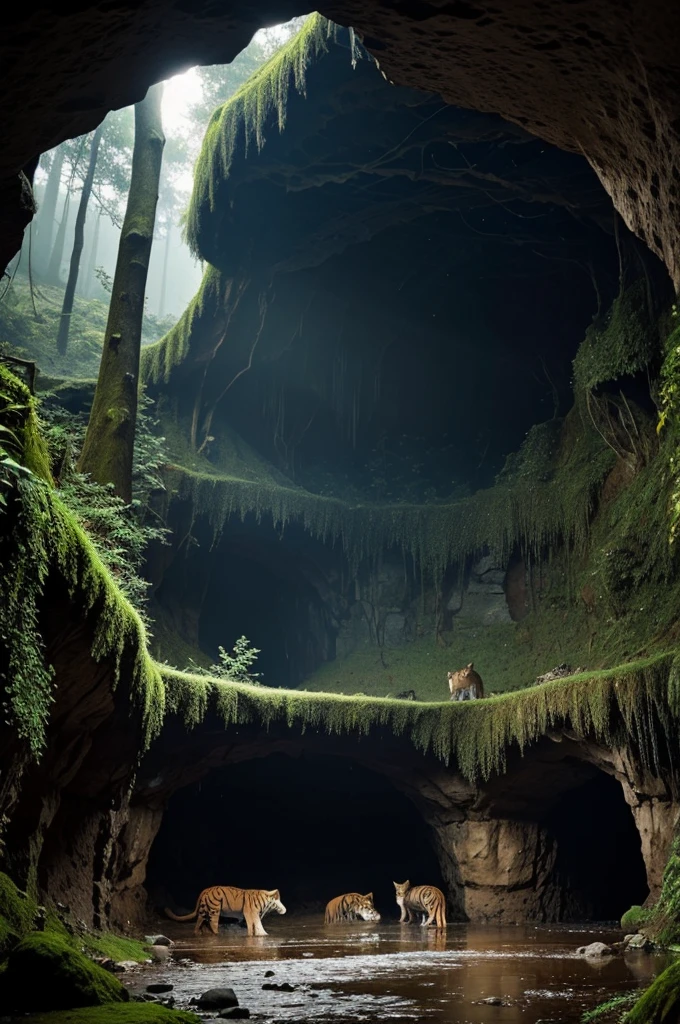 A cave with a forest and rain outside, and wolves and tigers inside ...