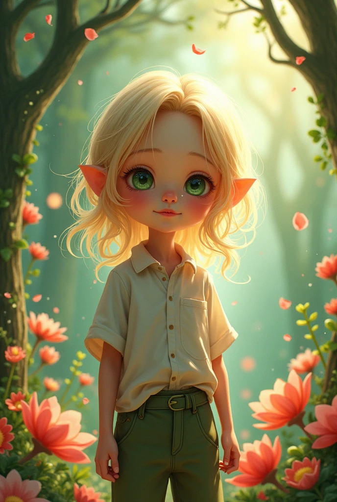 Name:Akio age:10 hair:long,blonde eye colour: sea green hight - SeaArt AI