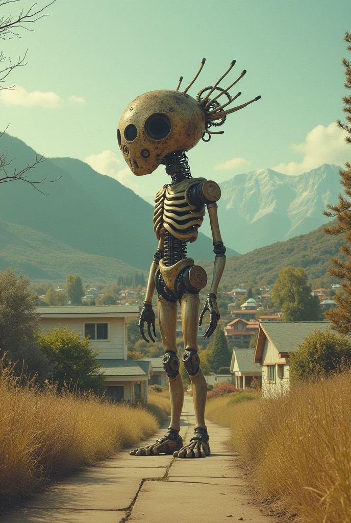 Creature with head made of gear, mountain and houses on the background ...