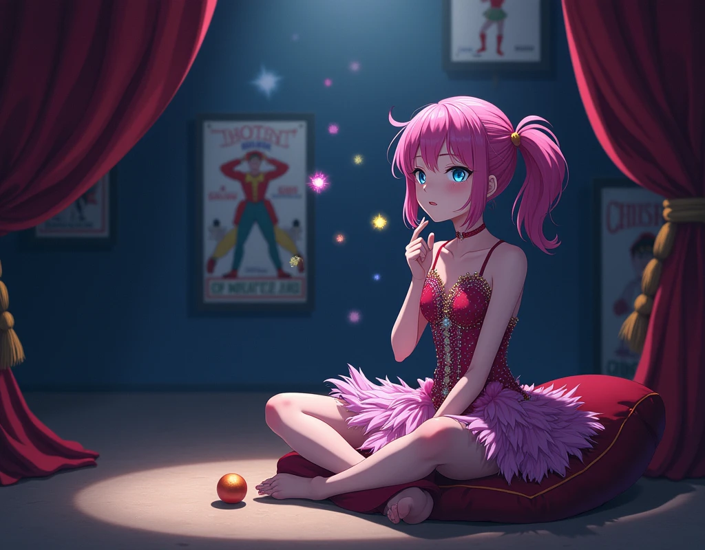 Anime girl who is a circus performer, sitting in the circus back stage ...