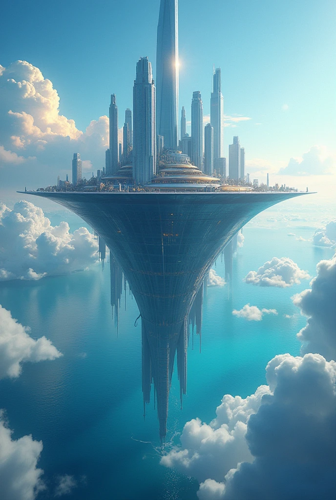 A futuristic sky island viewed from afar falling towards the ocean ...