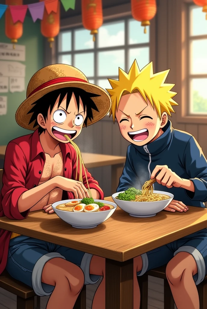 Create an image of Luffy and Naruto eating ramen - SeaArt AI