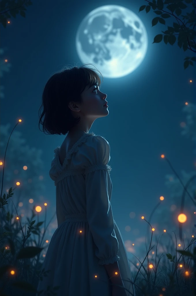 One preety girl is watching moon .... And the nature is fully dark and ...