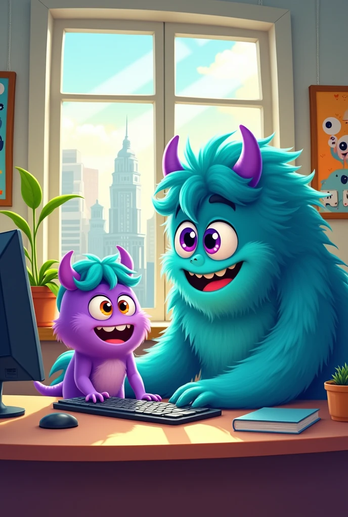 Create a cartoon of Boo and Sullivan working in the office - SeaArt AI