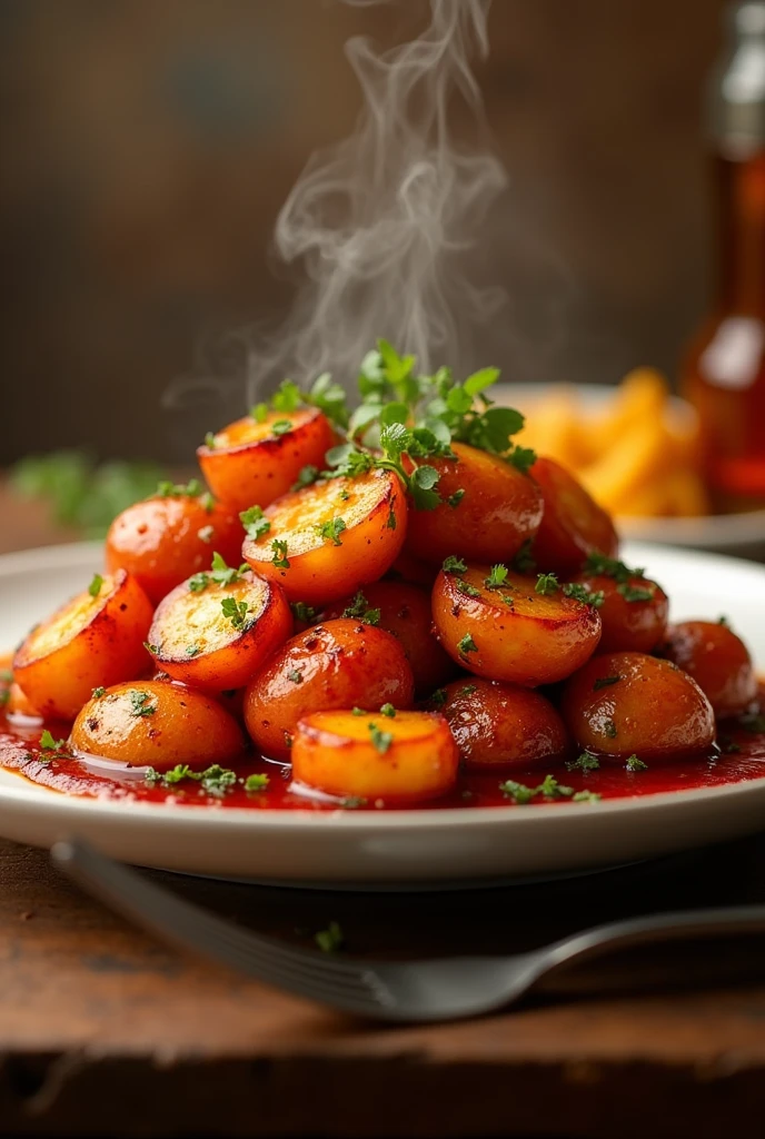 (photorealism:1.2), HONEY CHILLI POTATO IN CUTLERY WITH PLAN BACKGROUND ...