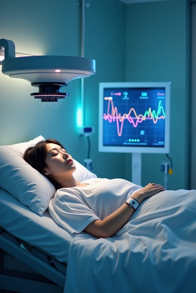 In a hospital setting，An Asian patient lies in bed sleeping，Wearable ...